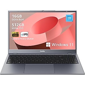 Coolby 15.6inch Windows 11 Laptop, 16GB RAM/512GB NVMe SSD, 1920x1080 IPS Display, Intel N95 Quad Core Laptop Computer, Support 2.4G/5G Hz WiFi, BT, RJ45, Type-c PD 3.0 Charging