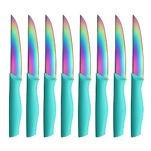 KYA36 Rainbow Titanium 12-Piece Stainless Steel Kitchen Knives Set with Sheath + Marco Almond KYA47 Rainbow Titanium Serrated Stainless Steel Steak Knives Set of 8