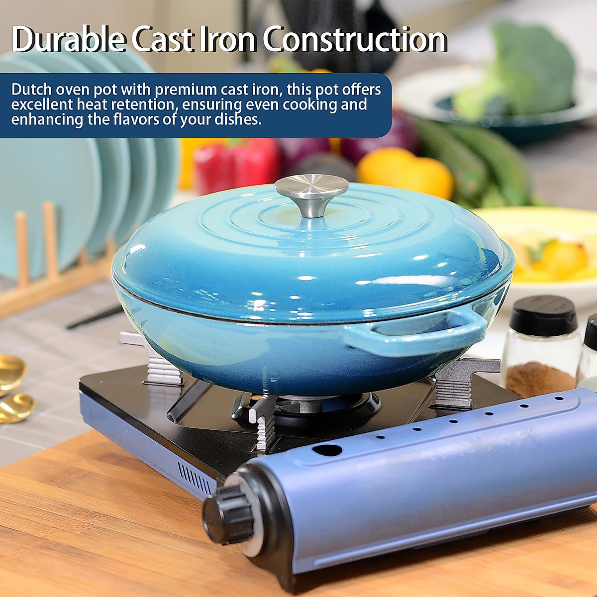 AILIBOO 3 Quart Enamel Cast Iron Dutch Oven Pot with Lid-Versatile dutch oven, excellent for stovetop cooking and baking various recipes-Oven Safe up to 500° For on Stovetop-Gradient Blue