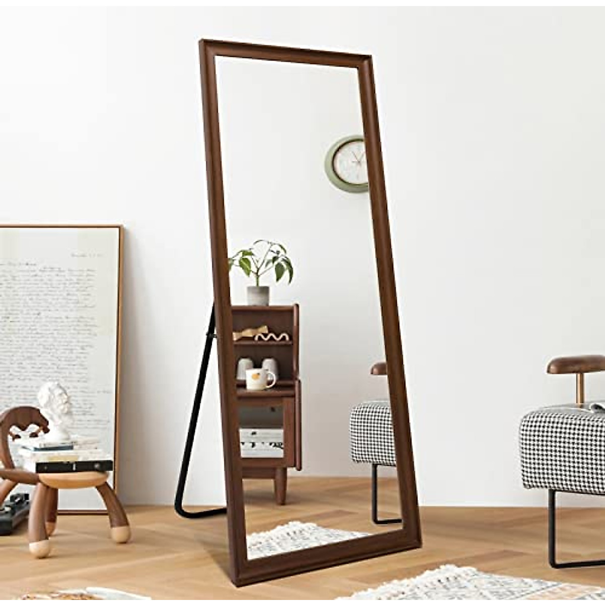 TheiaMo Full Length Mirror Wood Frame, 65×22in Floor Mirror Full Body Mirror with Standing Holder Hanging Wall Mirror, Stand Large HD Mirror, Dressing Mirror for Bedroom/Living Room, Walnut
