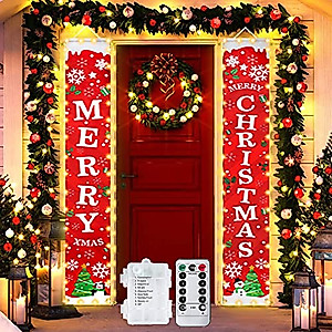 Outdoor Christmas Decorations Door Banner with Lights, Remote Control Merry Christmas Banner with LED Lights,Pre-assembled Christmas Front Door Banner & Christmas Wall Decor, Christmas Door Front Porch Decor Decorations Outside