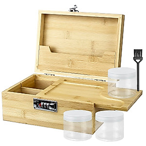 SEHLIX Large Bamboo Box with Combination Lock with Rolling Tray, 3 Stash Jars,Decorative Box for Home Gifts Locking Storage Bamboo Box Storage Glass Accessories (Bamboo)
