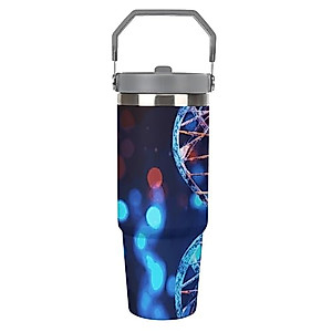 30oz Stainless Steel Insulated Tumbler with Flip Lid & Straw, Leakproof Travel Mug for Car, DNA Genetic Helix Double Wall Vacuum Thermal Coffee Cup with Handle, Spill-Proof Design for Hot/Cold Drinks