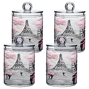 ALAZA Paris Eiffel Tower Artwork 2 Pack Qtip Holder Dispenser with Lid 14 Oz Clear Plastic Apothecary Jar Containers Jars Bathroom for Cotton Swab, Ball, Pads, Floss, Vanity Makeup Organizer