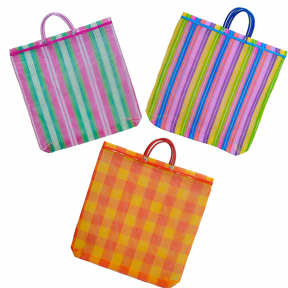 La Sol Imports Large Mercado Mexican Bags Tote Reusable Colorful Durable Mesh Grocery Bag 20 x 22 in Plus 5 in Handle (3 Piece 20 in)