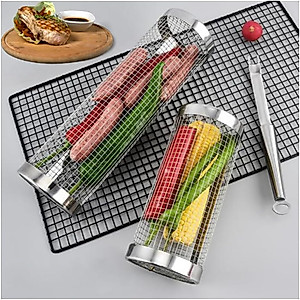 Set of 2 Stainless Steel Rolling Grill Baskets for Outdoor BBQ | Large Mesh Barbecue Cylinder Cages for Vegetables, Fish, and Meats | Camping and Backyard BBQ Accessories | Perfect Gift for Dad, Husband, or Best Friend