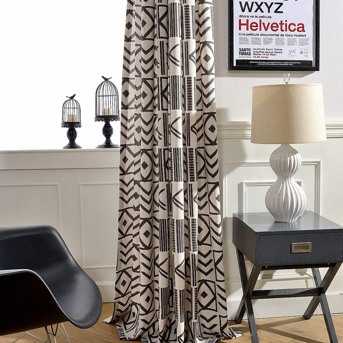 Melodieux Black Geometric Style Room Darkening Grommet Curtains for Living Room Dining Room Bedroom, 52 by 84 Inch, 2 Panels