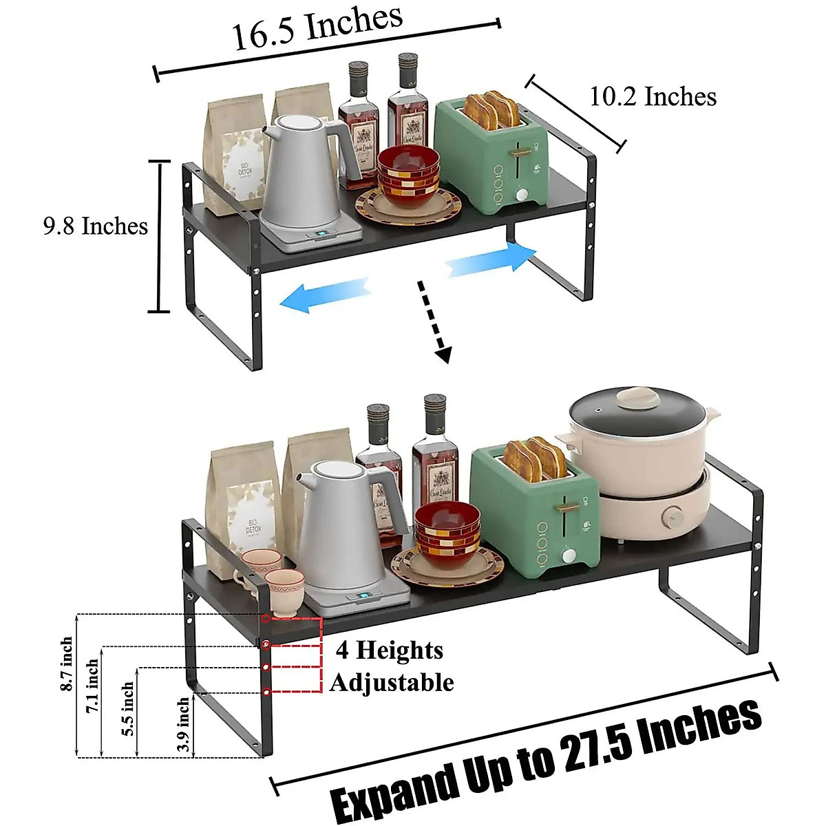ARCCI Expandable Cabinet Shelf Organizers 2 Pack, Stackable Metal Pantry Storage Shelves Rack, Adjustable Kitchen Counter Shelf for Cabinets, Countertop, Cupboard Organizers and Storage, Black