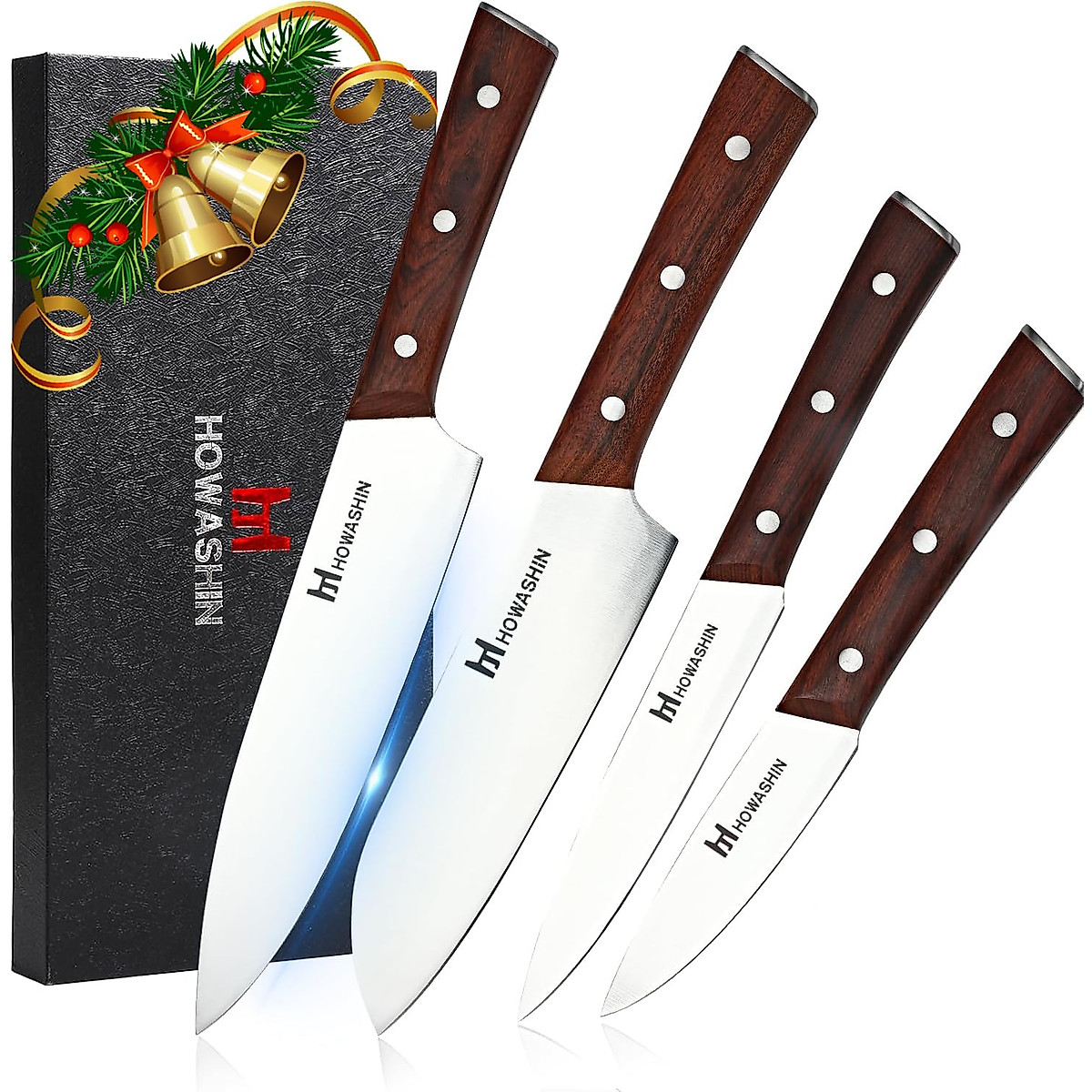 Howashin 4Pcs Chef Knife Set,Germen High Carbon Stainless Steel Kitchen Knife Set,Professional Knife Set Natural Wood Full Handle Tang With Gife-Box