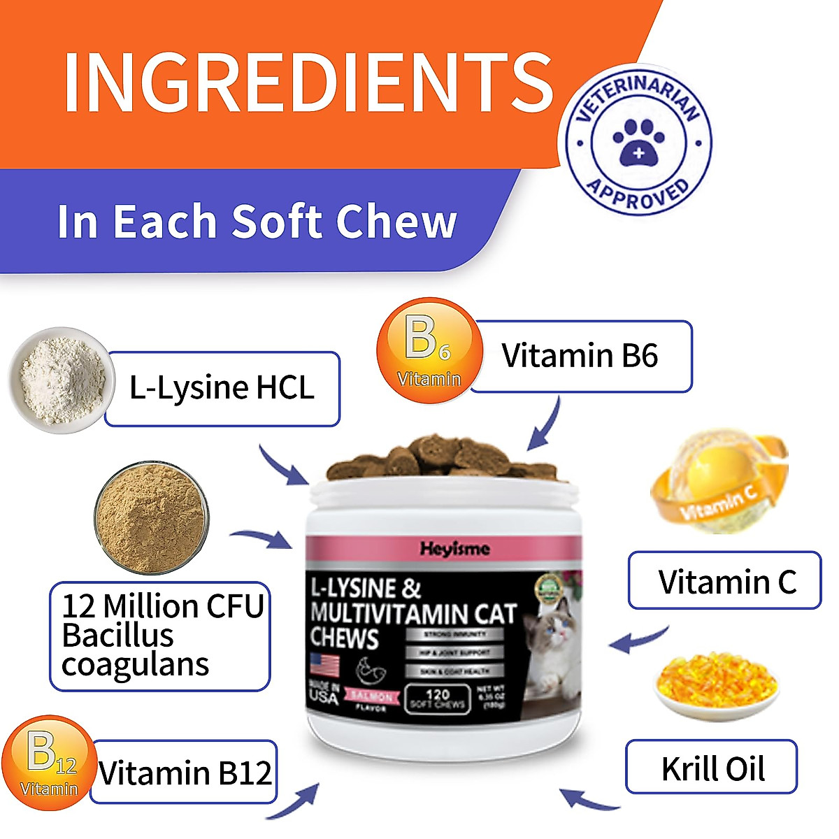 HEYISME Lysine Supplement for Cats, Cat Treats for Sneezing and Runny Nose, Cat Cold, Cat Immune Support, Eye Function, and Respiratory Health, L-Lysine cat Vitamins for Cats (120 Pills, Salmon)