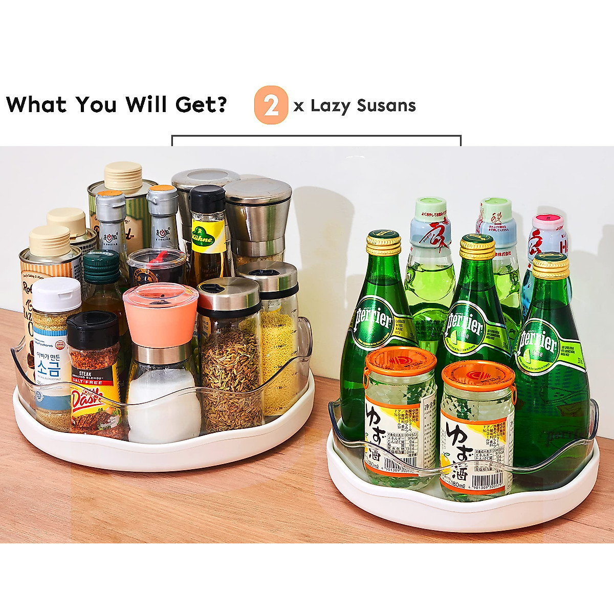 [2 Pack] Lazy Susan Organizer with Removable Bins, Non-Skid Rotating Spice Rack Organizer for Cabinet, Lazy Susan Turntable for Cabinet Fridge Kitchen Bathroom Makeup Organization, 9" & 11", White