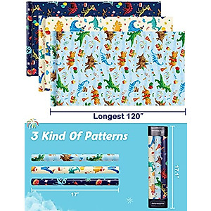 Dinosaur Wrapping Paper Rolls - 3 Rolls 17” x 120” Happy Birthday Wrapping Paper Kids Wrapping Paper Rolls Boy Dinosaur Gift Wrap Paper Dinosaur Party Favor Happy Bday Wrap with Cutting Line on Back