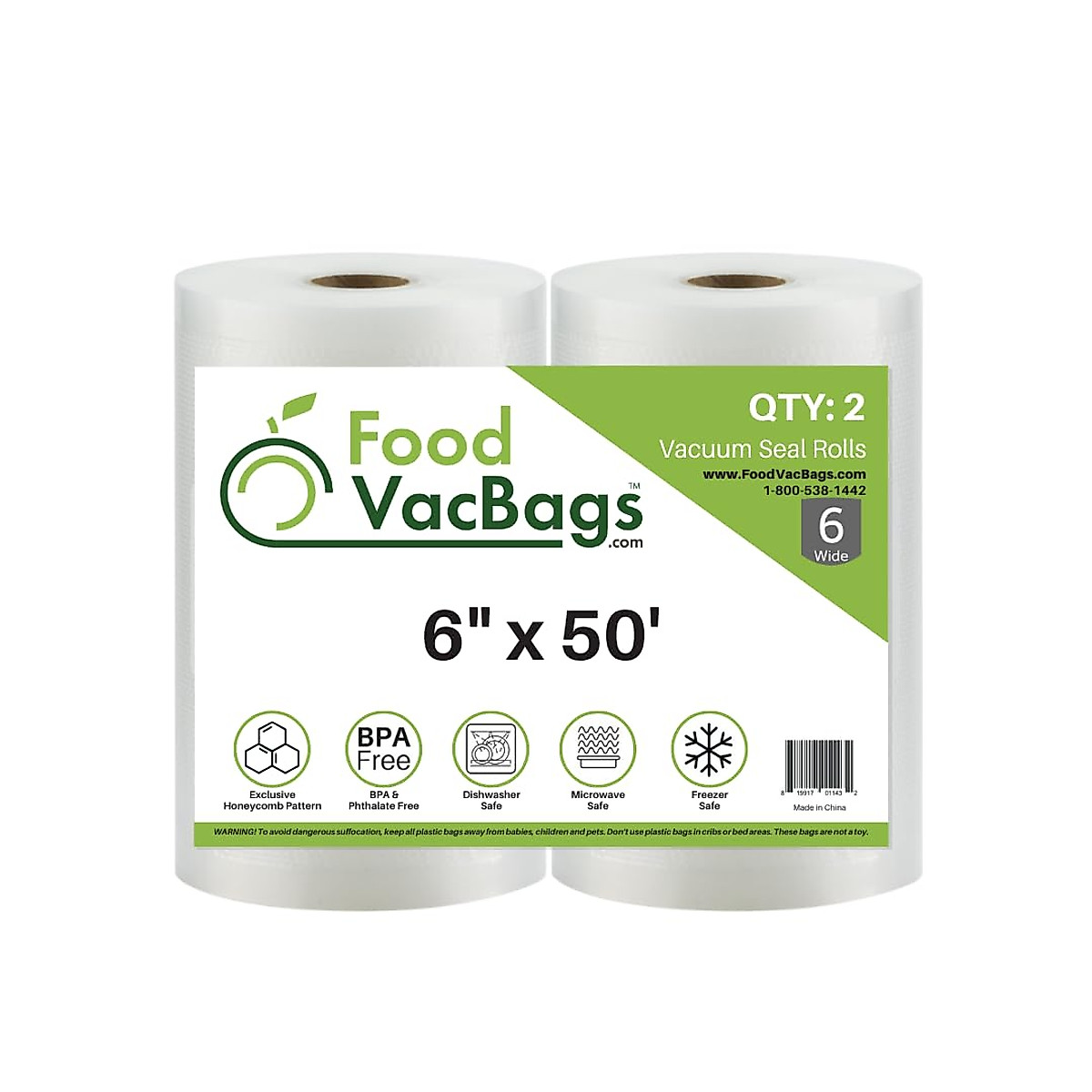 Two 6" X 50' Rolls of FoodVacBags Vacuum Sealer Bags for Foodsaver™ and other vacuum sealer machines