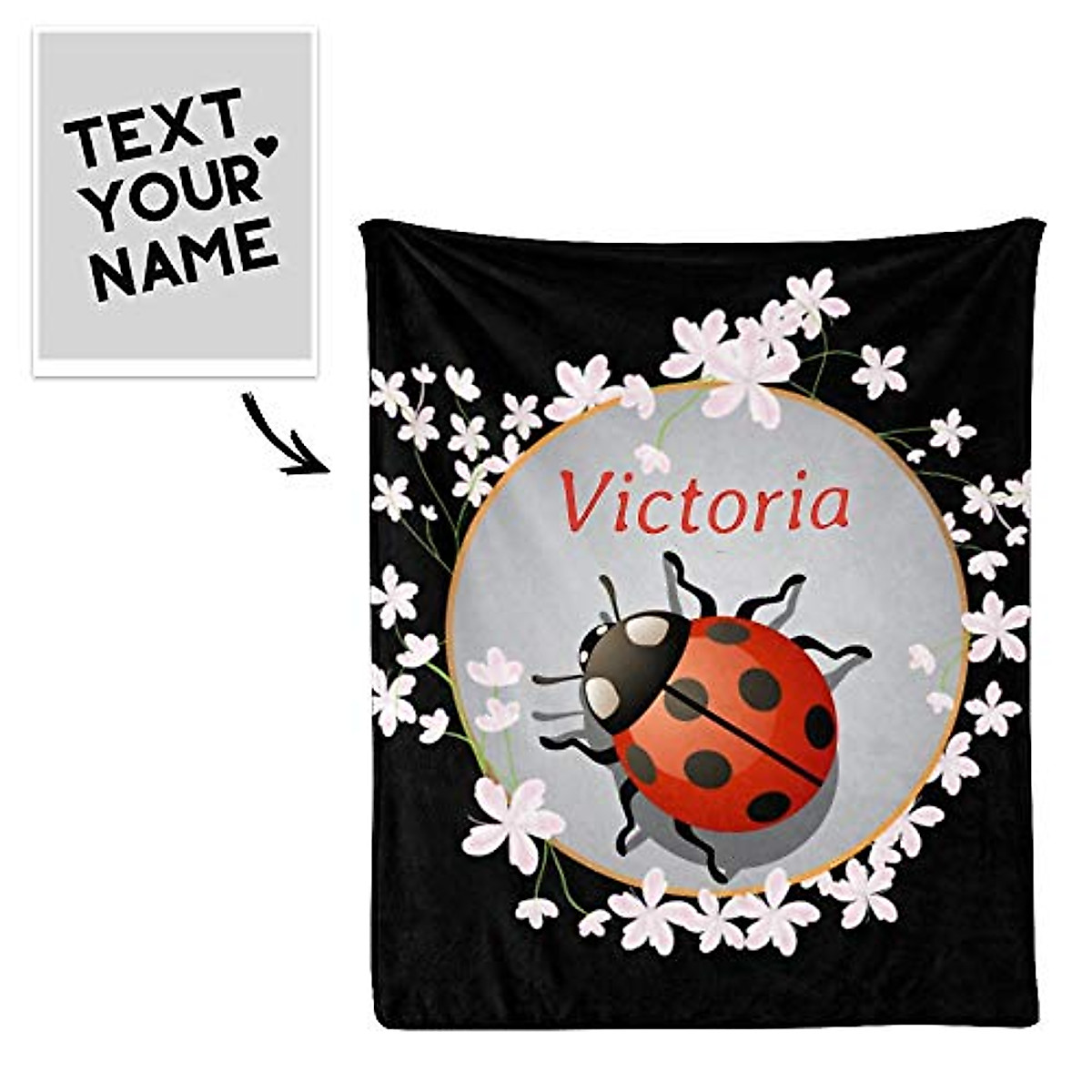 Custom Blanket with Name Text,Personalized Cute Ladybug on Pink Flower Super Soft Fleece Throw Blanket for Couch Sofa Bed (50 X 60 inches)