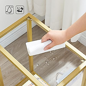 HOOBRO End Tables Set of 2, Side Table with Charging Station, 2-Tier Nightstands with Storage Shelves, Small Space Bedside Table, Telephone Table, Tempered Glass, Living Room, Gold GD56UBZP201