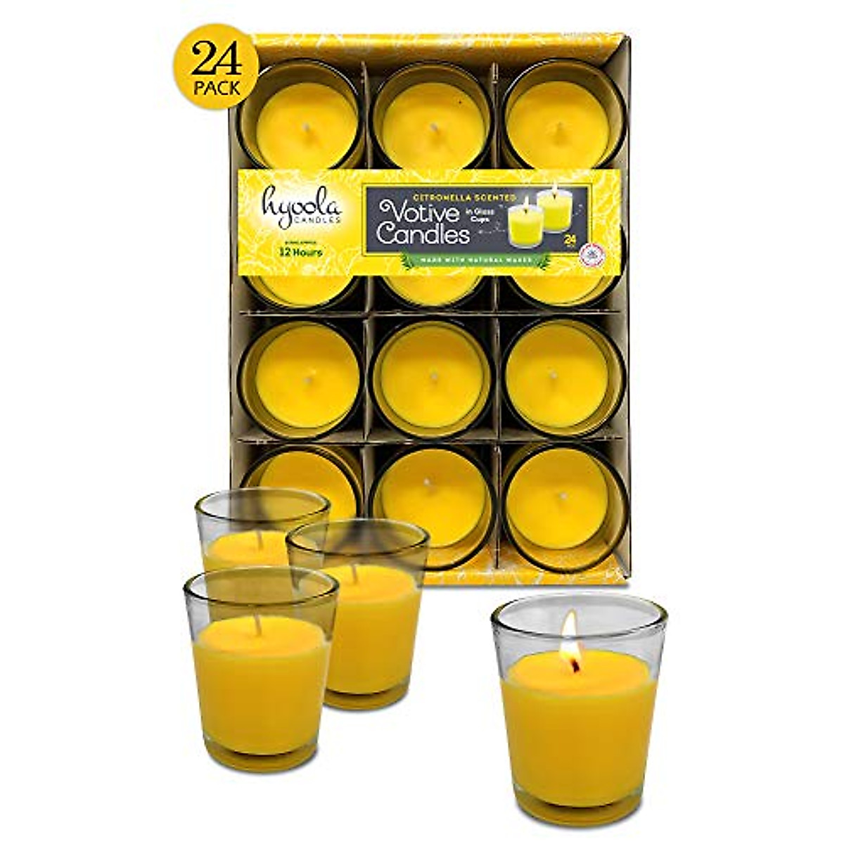 Citronella Candle Votives in Glass Cup - 24 Pack - Indoor and Outdoor Decorative and Mosquito, Insect and Bug Repellent Candle - Natural Fresh Scent - 12 Hour Burn Time
