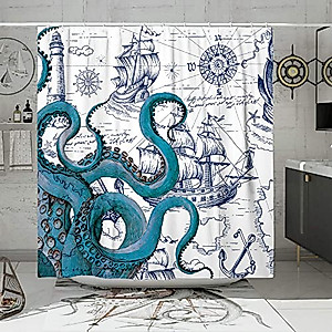 DESIHOM Blue Nautical Octopus Shower Curtain Set, Funny Ocean Kraken Shower Curtains for Bathroom, Cool Beach Coastal Octopus Decor Polyester Fabric-72" x 72"