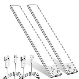 ULG Motion Sensor Under Cabinet Lights 12'' USB-C Rechargeable Closet Lights 47 LED Under Cabinet Lighting Wireless 6000K Dimmable Under Counter Lights for Kitchen, Hallway, Stairway - 2/Pack
