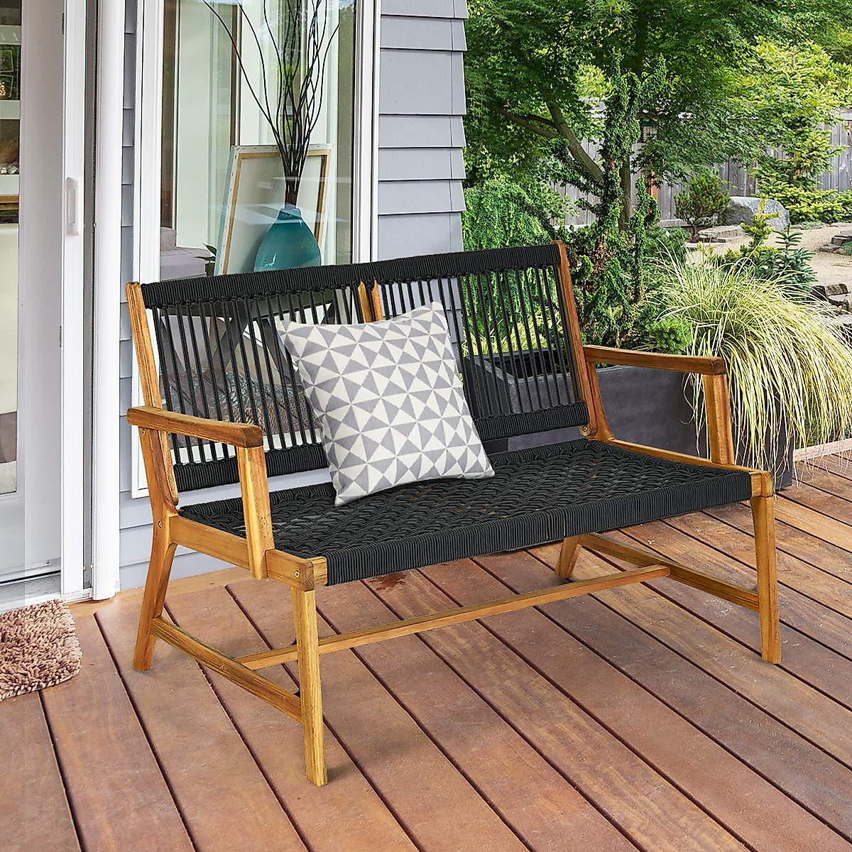 Tangkula 2-Person Patio Acacia Wood Bench Loveseat Chair, Outdoor Patio Bench Acacia Wood Bench in Teak Oil Finish, Patio Loveseat Rope Bench for Balcony Deck Poolside Porch (Black)