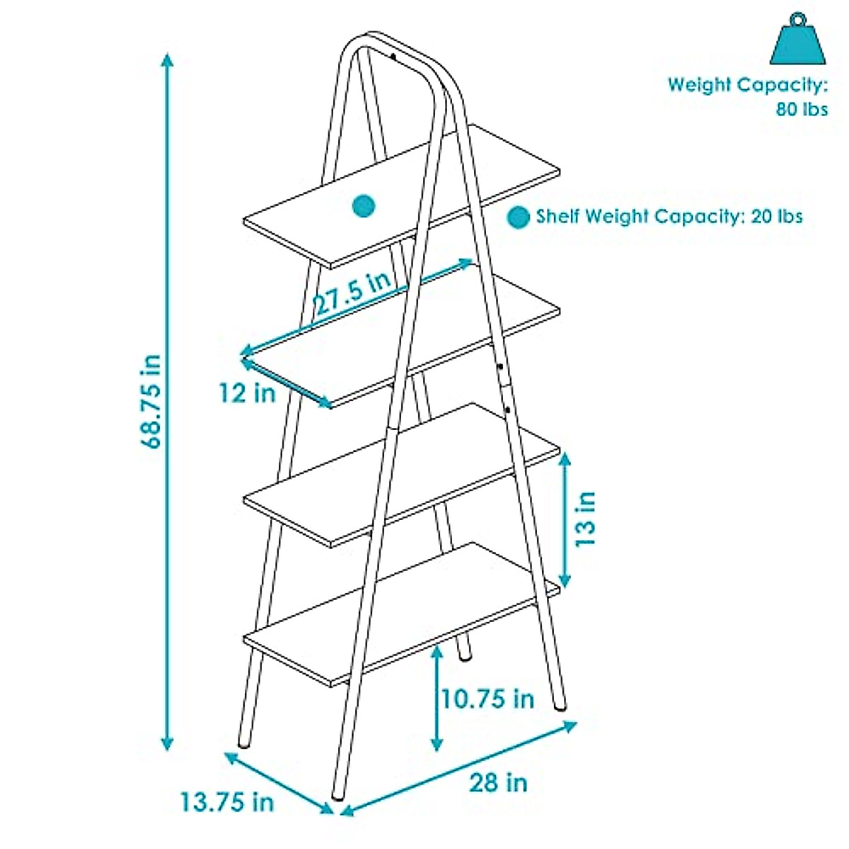 Sunnydaze 68.5-Inch H 4-Tier Industrial-Style A-Frame Ladder Shelf - MDP Shelves with Powder-Coated Steel Frame - Brown