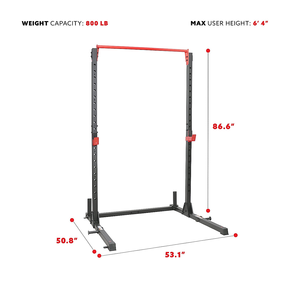 Sunny Health & Fitness Essential Adjustable Power Rack Squat Stand With J-Hooks, Adjustable Pull Up Bar, Weight Plate Holders, Resistance Band Posts Optional Incline Bench, LAT Pull Down Attachment