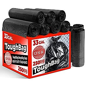 ToughBag 30-33 Gallon Trash Bags, 32 x 38" Black Garbage Bags (250 COUNT) – 30+, 32 Gallon Outdoor Industrial Garbage Can Liner for Custodians, Landscapers, Lawn Bags - Made In USA