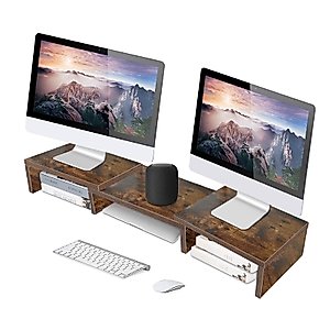 TEMI Monitor Stand Riser for 2 Monitors, Dual Monitor Riser Wood for Desk Standing, Wooden Computer Monitor Riser with Adjustable Angle and Length for Laptop, Computer, TV, PC and More (Rustic Brown)