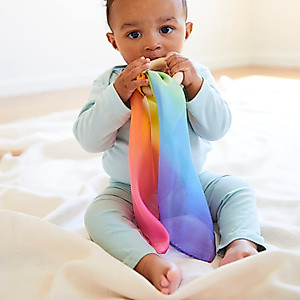 Sarah's Silks Silk and Wood Baby Teether Toy for Babies 3 Months and Older - Rainbow