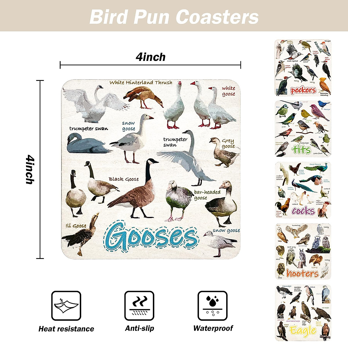 Set of 6 Bird Pun Coasters, Bird Pun Coasters for Drinks, Square Coaster Set for Cups Home Funny Coasters Set for Bird Lover Friends Bar Housewarming Gift Coffee
