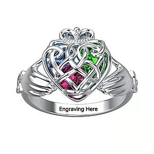 Soosi Claddagh Rings for Women, Personalized Mothers Rings with 1 2 3 Birthstones, Custom Mother Daughter Rings, Birthstone Rings for Women