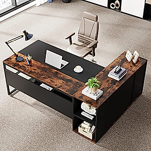 Tribesigns 71 inch Executive Desk, L Shaped Desk with Cabinet Storage, Executive Office Desk with Shelves, Business Furniture Desk Workstation for Home Office, Brown and Black