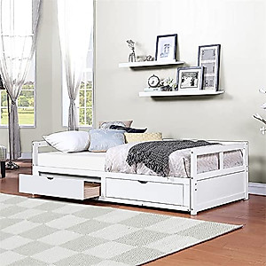 YSWH Pinewood Extending Daybed with Storage Drawers, Can Be Expanded from Twin Size to King Size, Sofa Bed Frame with Safety Guardrails, for Kids Teens (White)