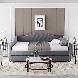 ONEMMLION Daybed with Trundle, Upholstered Button Tufted Full Size Daybed Frame in Linen Fabric for Bedroom Guest Room, Grey