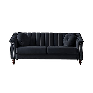 Modern Velvet Upholstered Sofa,72 Inch 3 Seater Tufted Back,Rivet Arms, 2 Pillows,Solid Wood Legs, Living Room Sofa Bed,Compact Living Space,Apartment, Bonus Room,Loveseat Sofa (Black)…