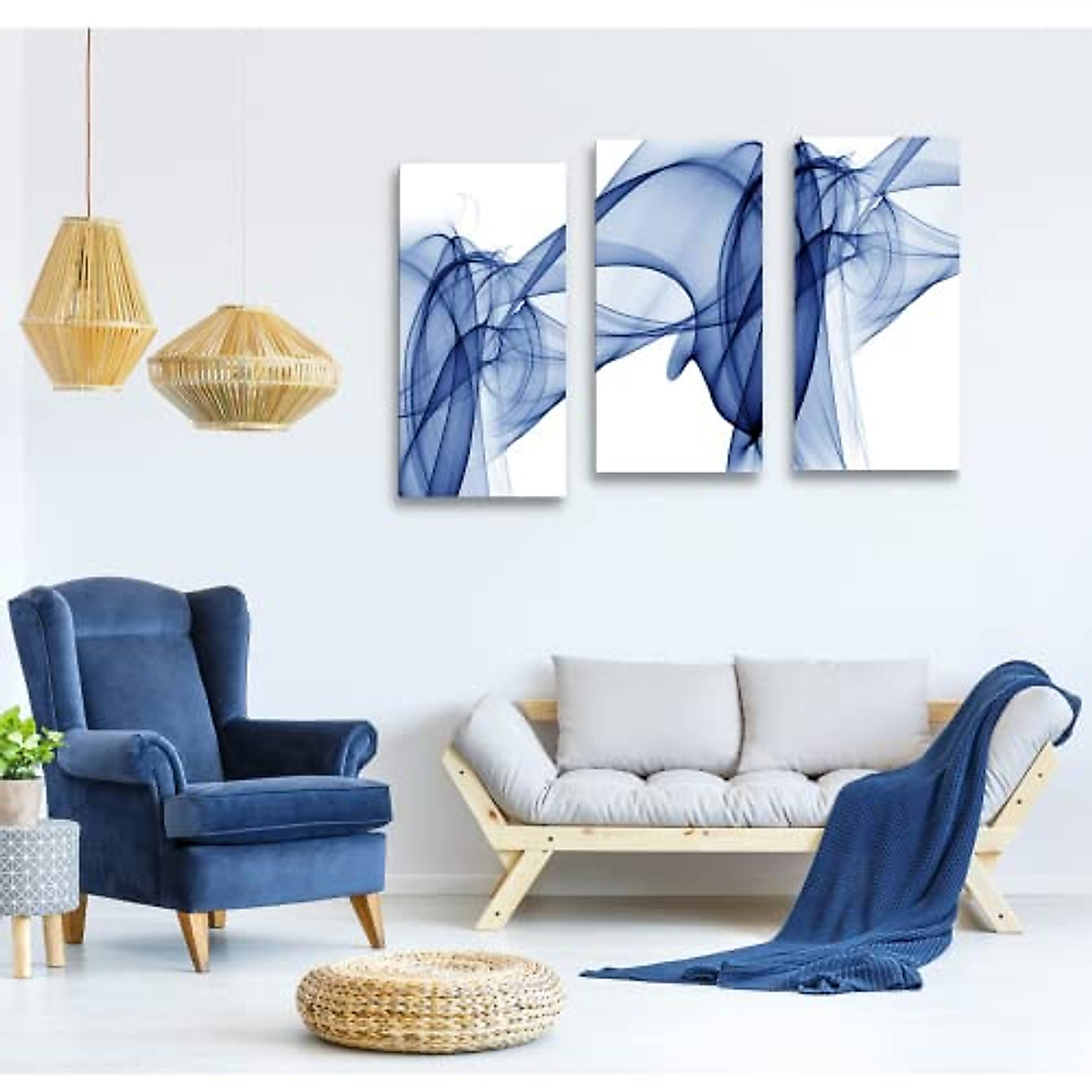 Creoate Blue Wall Art 3 Pieces Abstract Blue and White Painting Canvas Print Artwork Framed Set Home Decor for Bedroom Living Room Wall Decor Ready to Hang, Small, 8x16 Inch x3pcs