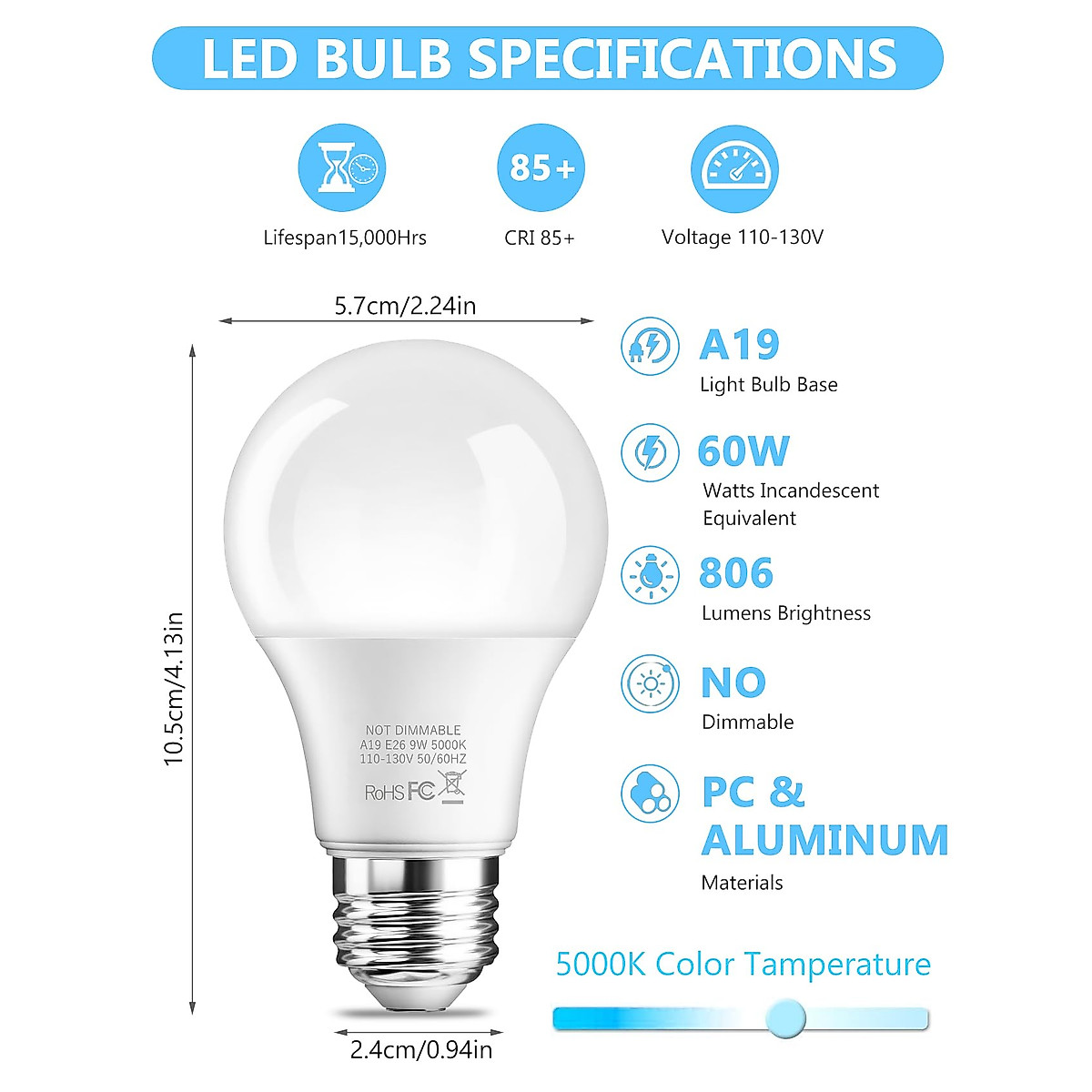 BTBHIHO 6-Pack A19 LED Light Bulbs 60W Equivalent 806 Lumens, 9W 5000K Warm White Non-Dimmable, No Flicker, Super Bright CRI85+ Standard E26 Edison Screw Bulbs for Bedroom, Home, Office