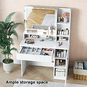 Dripex Makeup Vanity Desk with Mirror and Lights Bedroom Dressing Table, Makeup Table with Drawer, Cabinet, Adjustable LED Lights -White