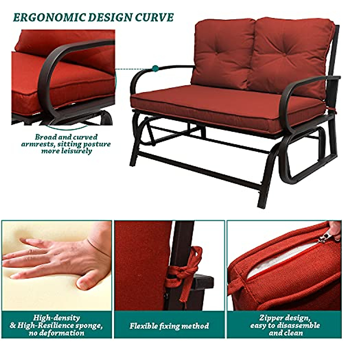 X&T Outdoor Porch Glider, Patio Glider Chair with 3.5 Inch Thick Cushion, 2 Seats Glider Benches for Outside, Garden Steel Frame Swing Rocker Seating, Red(1)