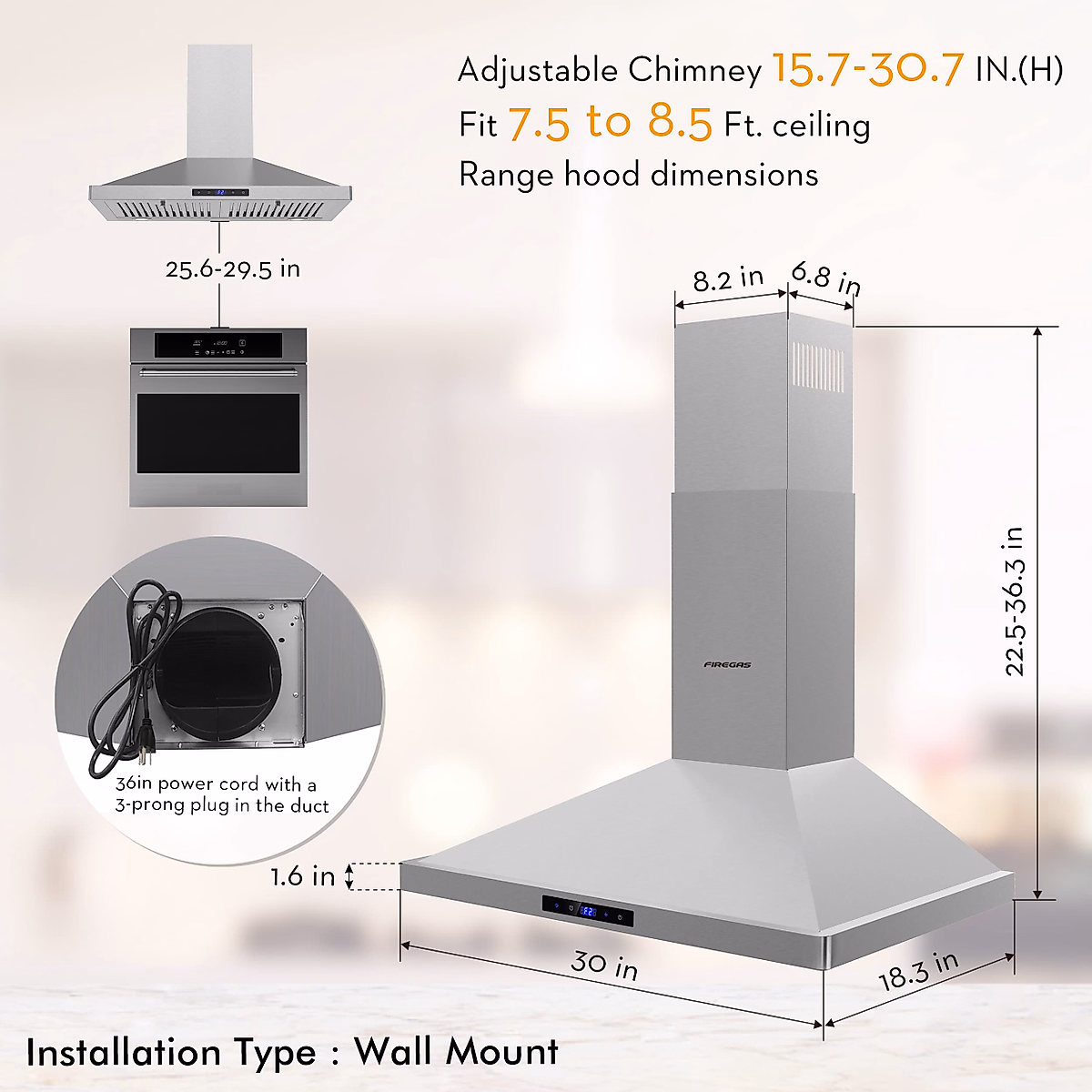 FIREGAS Range Hood 30 inch Wall Mount,450 CFM Ducted/Ductless Range Hood with Stainless Steel,Stove Hood Vent for Kitchen with 3 Speed Fan,Permanent Filters,Led Lights,Digital Touch,Charcoal Filter
