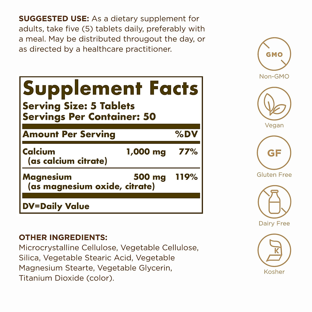 Solgar Calcium Magnesium Citrate - 250 Tablets, Pack of 2 - Non-GMO, Vegan, Gluten Free, Kosher - 100 Total Servings