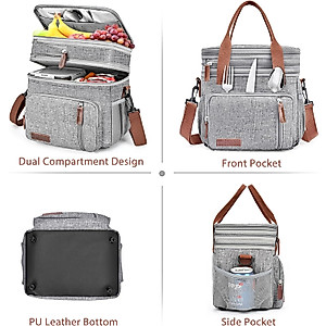 LOKASS Lunch Bag for Women/Men Work, 16L Expandable Double Deck Lunch box, Waterproof Leak-proof Cooler Bag, Portable Meal Prep Lunchbag with Adjustable Shoulder Strap-Grey