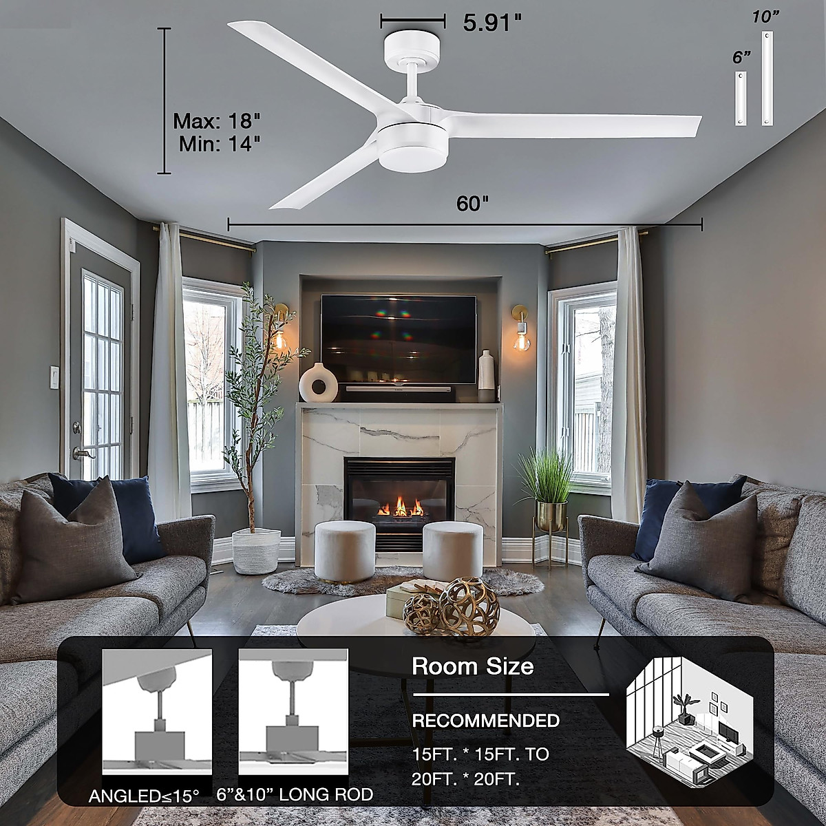 cumilo 60” Large Smart Ceiling Fans with LED Lights and Remote,Quiet DC Motor,Dimmable,Outdoor Indoor Matte White Ceiling Fan Controlled by WIFI Alexa App,Modern 3 Blade for Bedroom Living Room Patio