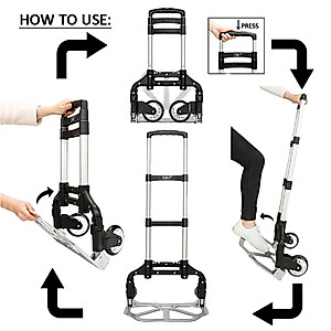 FCH Folding Hand Truck Aluminum Portable Folding Hand Cart 165lbs Capacity Hand Cart and Dolly Ideal for Home, Auto, Office,Travel Use,Black