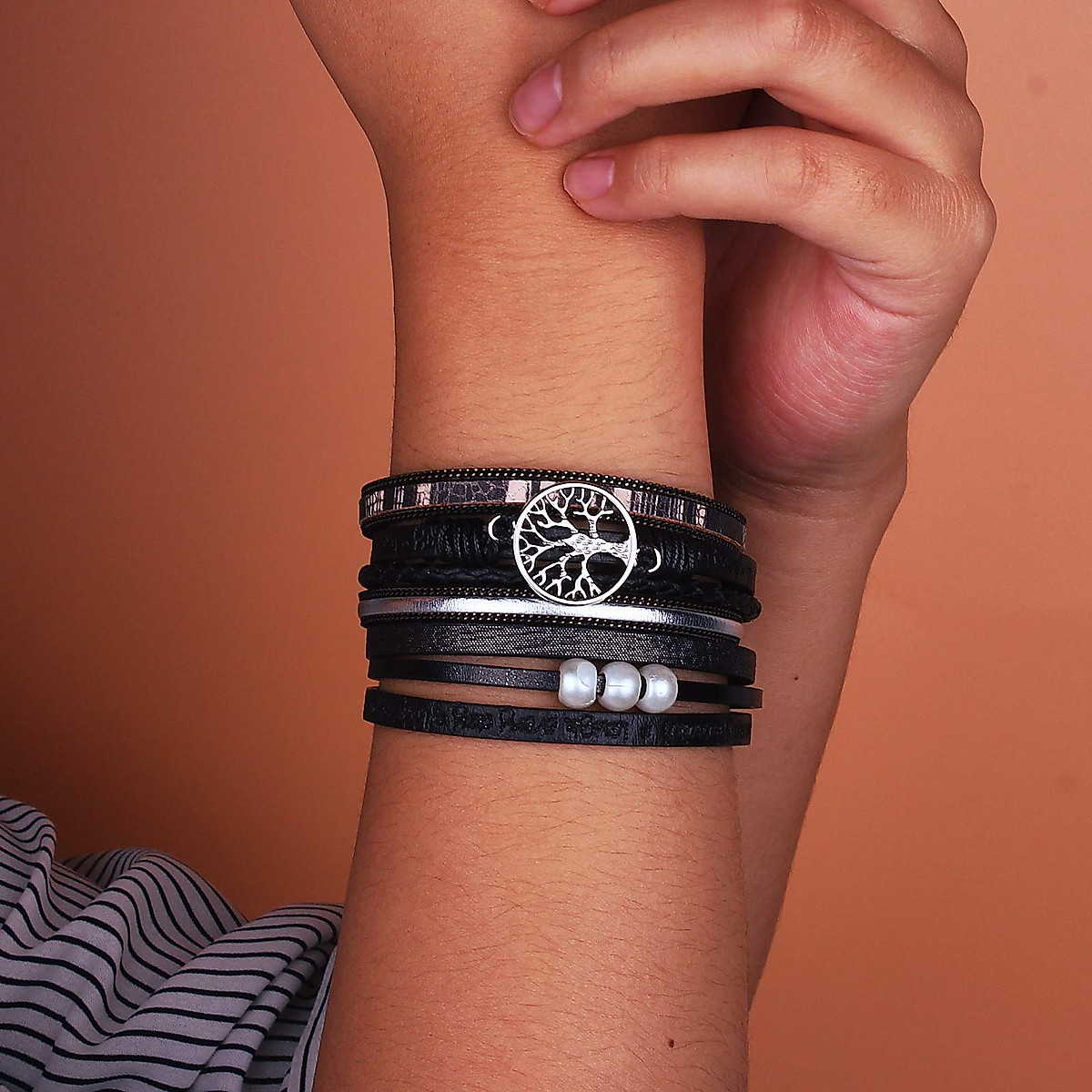 FANCY SHINY Tree of Life Leather Wrap Bracelet Inspirational Cuff Bangles Boho Pearl Bracelets with Clasp Unique Jewelry Gifts for Women(Black)