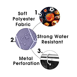 Camille&Andrew 4PCS Sports Shower Curtain Set, Water Fire Basketball Soccer Baseball American Football Cool Men Teen Boys Bathroom Decor, Waterproof Fabric Navy Blue Shower Curtain, Non-Slip Bath Mat