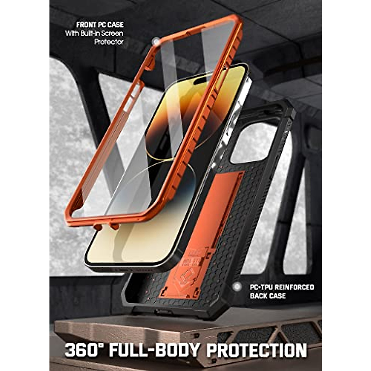 Poetic Compatible with iPhone 14 Pro Max Case, Spartan Phone Case for iPhone 14 Pro Max, Full Body Leather Texture Shockproof Protective Cover with Screen Protector and Kickstand, Metallic Orange