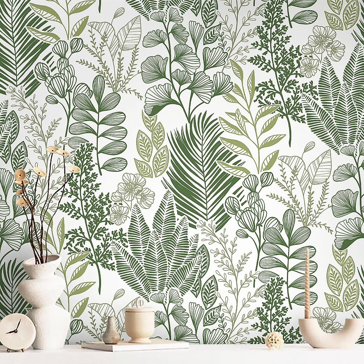 HeloHo Peel and Stick Wallpaper Green Leaf Floral Wallpaper for Bedroom Self Adhesive Removable Wallpaper Waterproof Contact Paper for Furniture Bathroom Dining Room Living Room Decor 16.1" X 118"