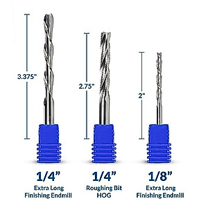 IDC Woodcraft Extended Length CNC Router Bit Set (3-Piece) - Premium Extra Long Precision Carbide Bits for Guitar Making and Other CNC Projects That Require Deep Cuts