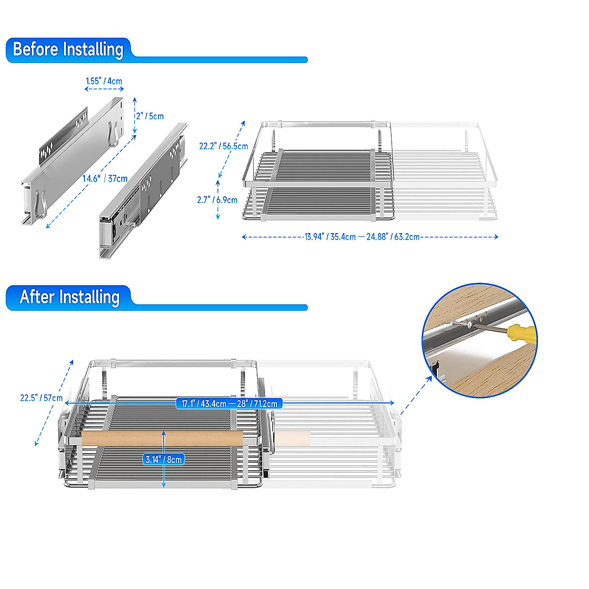 2Pack Expandable Pull Out Cabinet Organizer, 17.1~28"W x 22.5"D Heavy Duty Slide Out Shelves Adjustable Hight Cabinet Pull Out Shelves,Expandable Width Spice Rack Organizer for Kitchen Cabinet