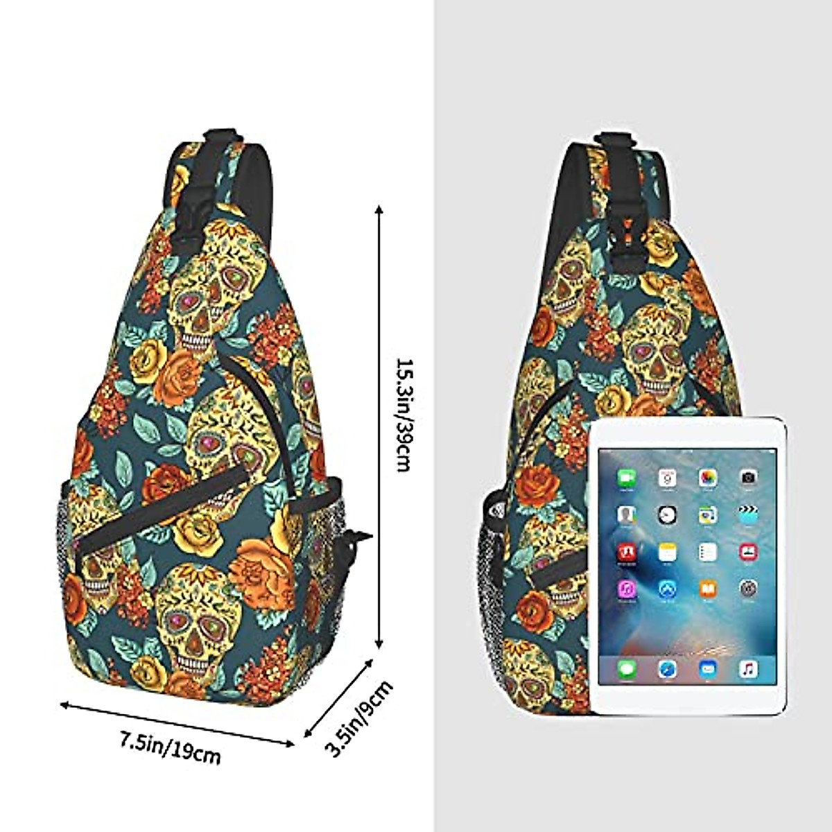 Skull And Flowers Sling Bag For Women Men Crossbody Shoulder Backpack Unisex Chest Bags Water Resistant Travel Hiking Casual Daypack